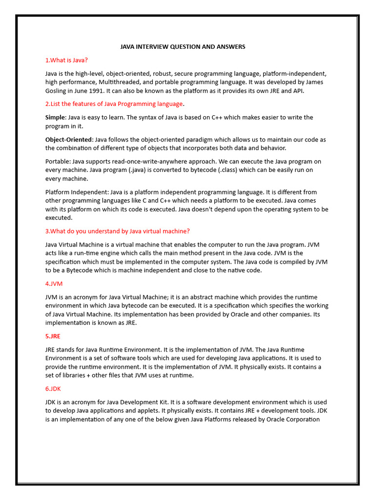 Java Interview Question And Answers Pdf Java Virtual Machine Java Software Platform 