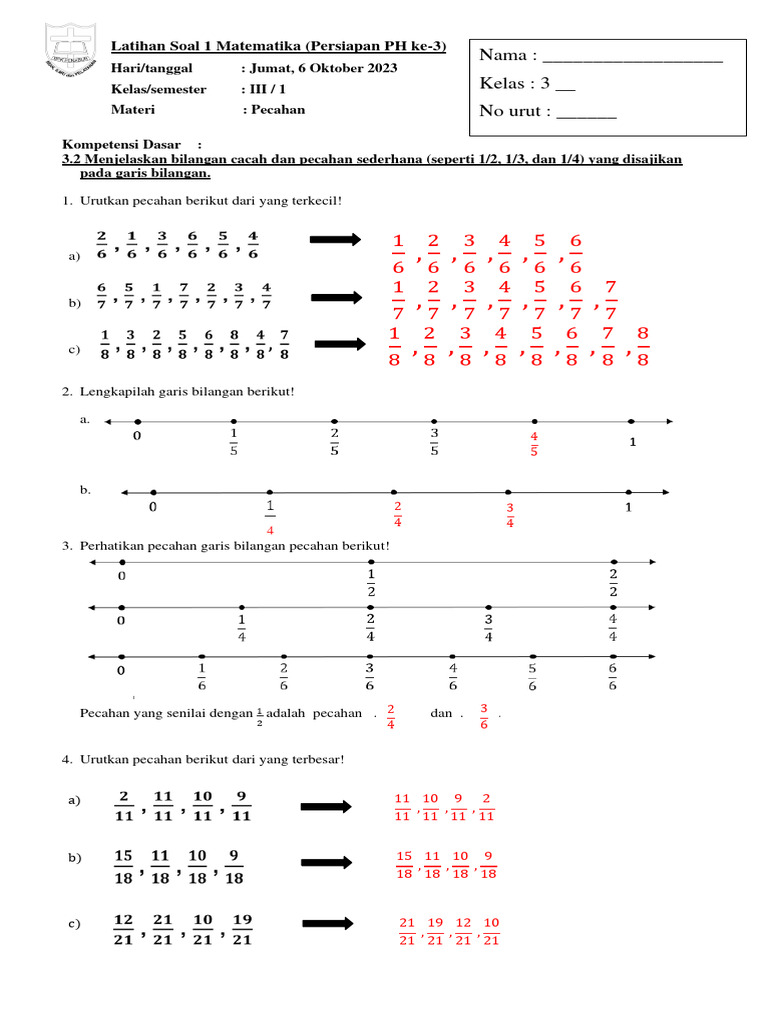 Kunci Jawaban LKS Math Jumat 6 Oktober 2023 Pecahan | PDF