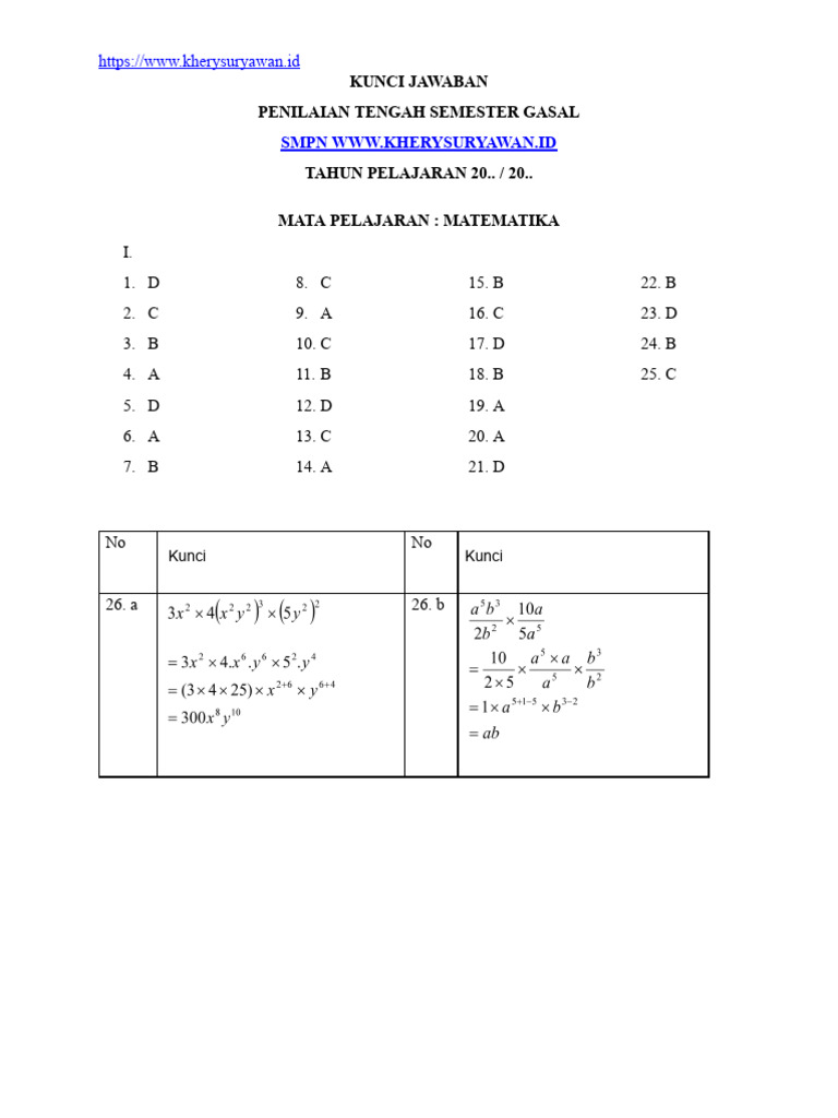 KUNCI PTS Matematika KLS 9 Sem.1 - WWW - Kherysuryawan.id | PDF | Metode & Bahan Ajar