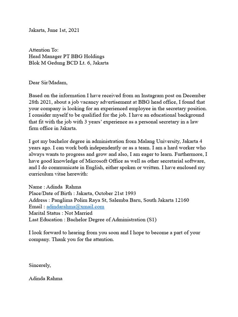 Job Application for Secretary Position | PDF