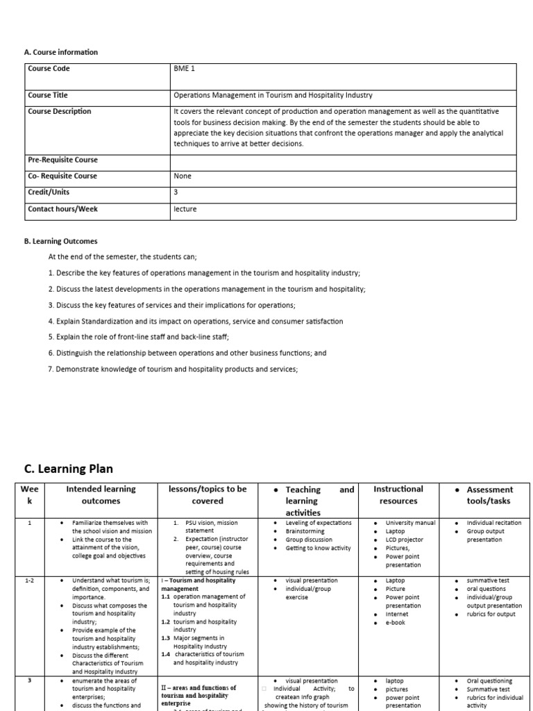 BME 1 Operation Management Learning Plan | PDF
