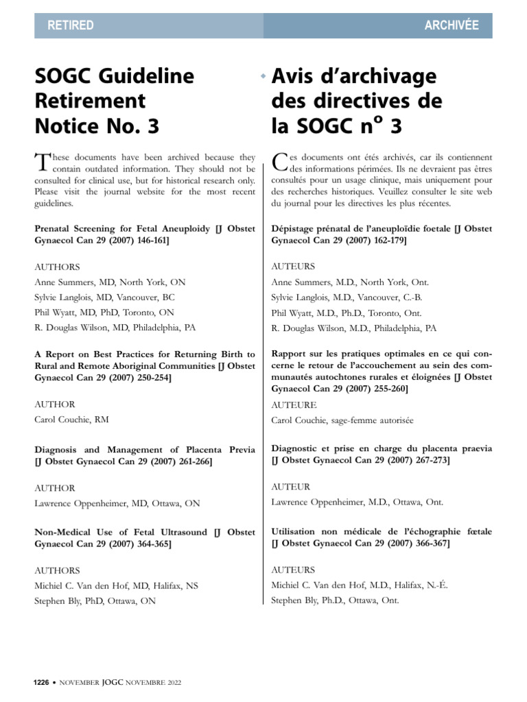 SOGC Guideline Retirement Notice No. 3 - Jogc | PDF