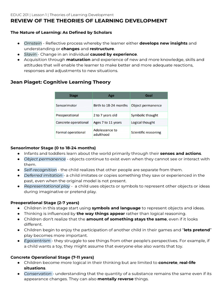 EDUC 201 - Lesson 1 - Theories of Learning Development | PDF