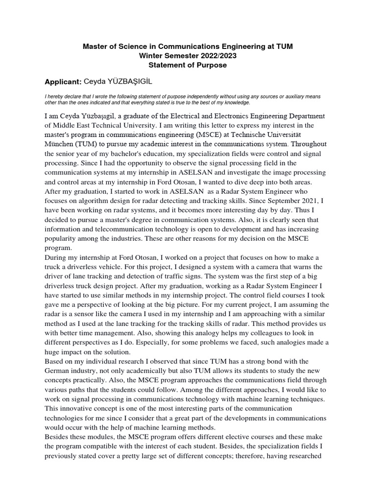 MSCE Statement of Purpose - TUM | PDF | Communication | Radar