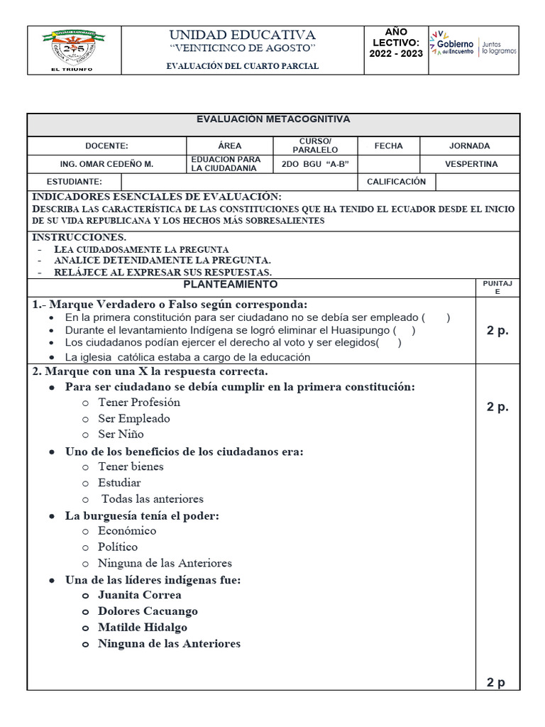 EVALUACIÓN METACOGNITIVA - Ciudadania 2do B.G.U - A - B | PDF
