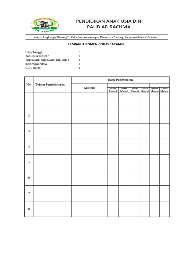 Asesmen Ceklis Paud | PDF