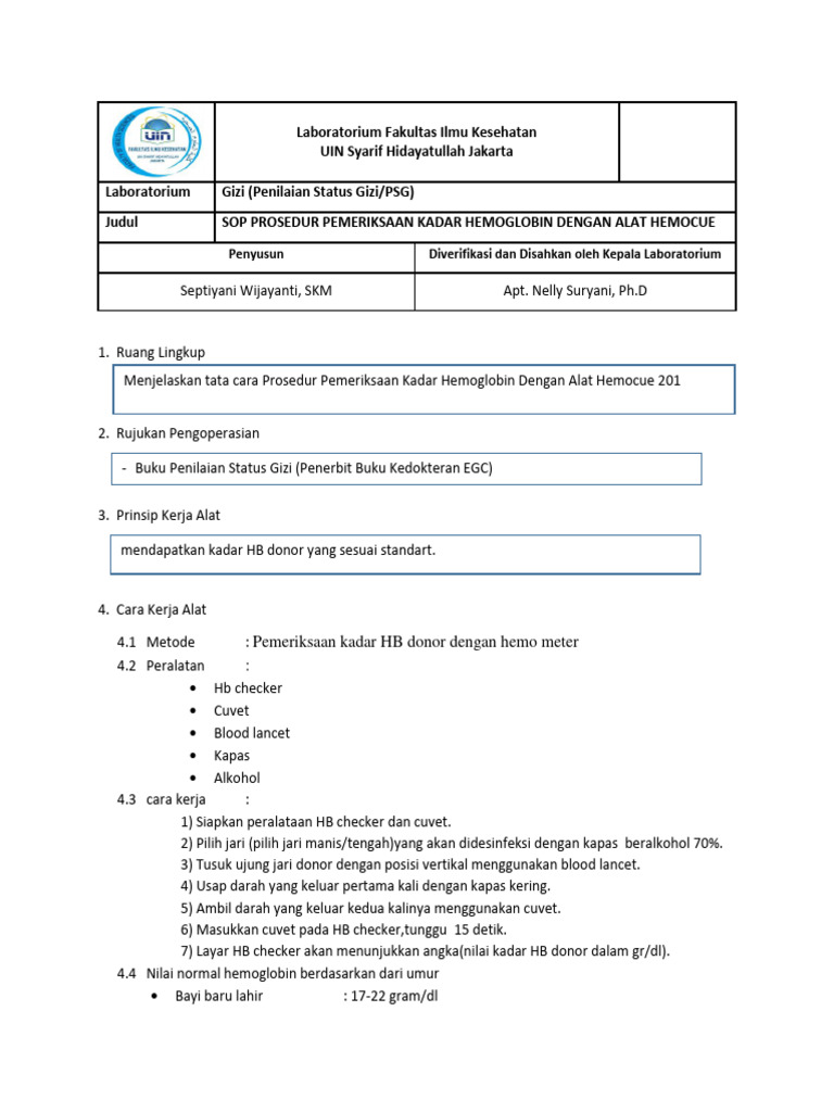 Kesmas - Lab Gizi - SOP Pengukuran HB Dengan Hemocue | PDF