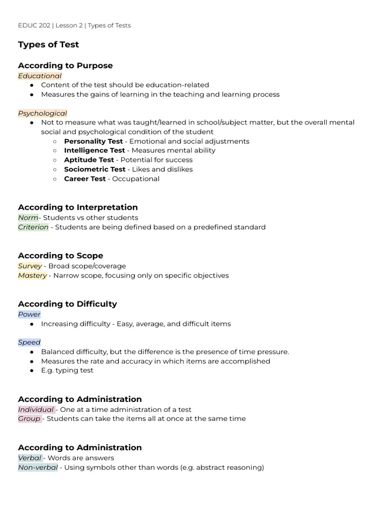 EDUC 202 - Lesson 2 - Types of Tests | PDF
