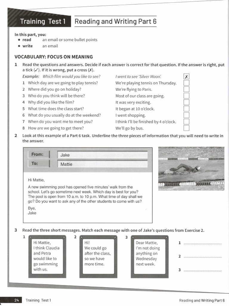 Reading and Writing Part 6 and 7 Mock 1 Pet | PDF