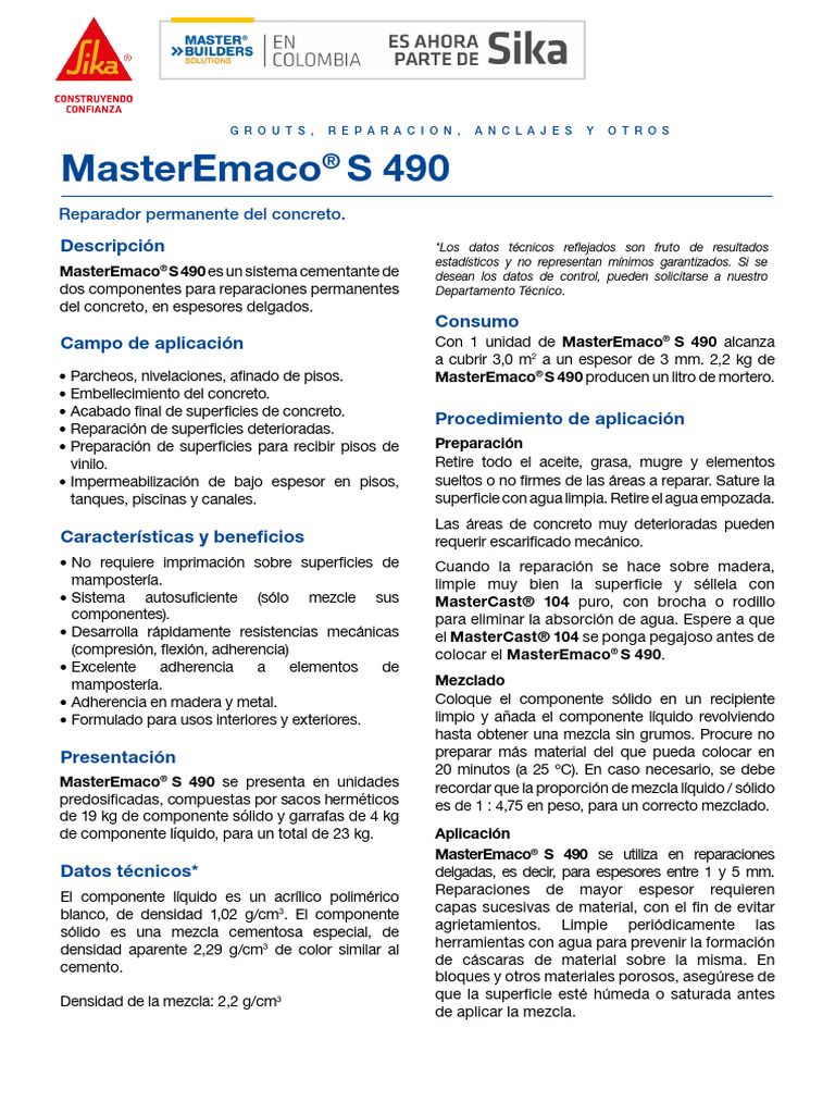 MasterEmaco®S490 | PDF | Hormigón | Agua