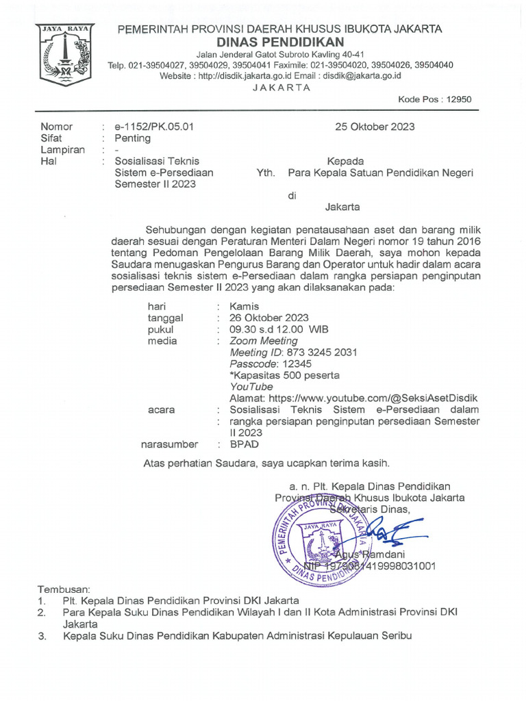 Undangan Sosialisasi Sistem E-Persediaan Semester II 2023 - Stempel | PDF