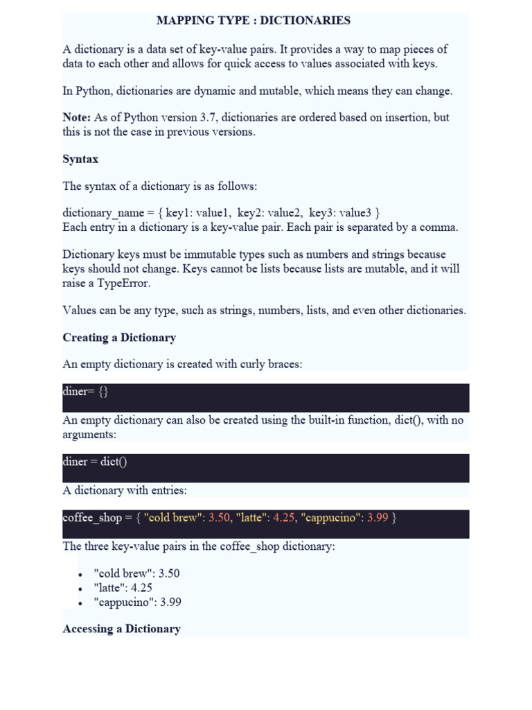 MAPPING TYPE-Dictionaries | PDF | Programming Paradigms | Computer Engineering