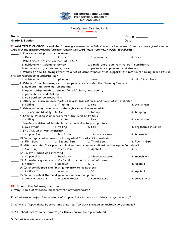 1st Quarter Exam in Prog. 11 | PDF