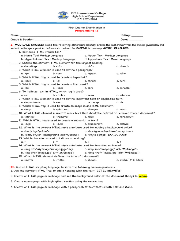 1st Quarter Exam in Prog. 12 | PDF | Html | Html Element