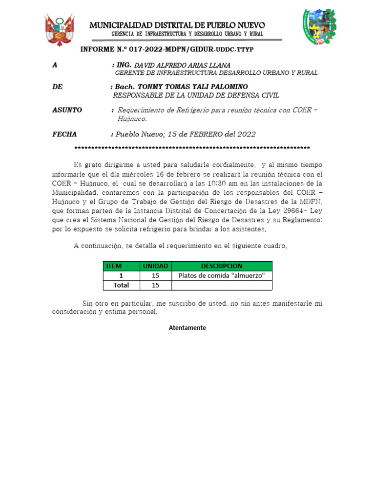 Informe #17 Requerimiento de Refrigerio | PDF