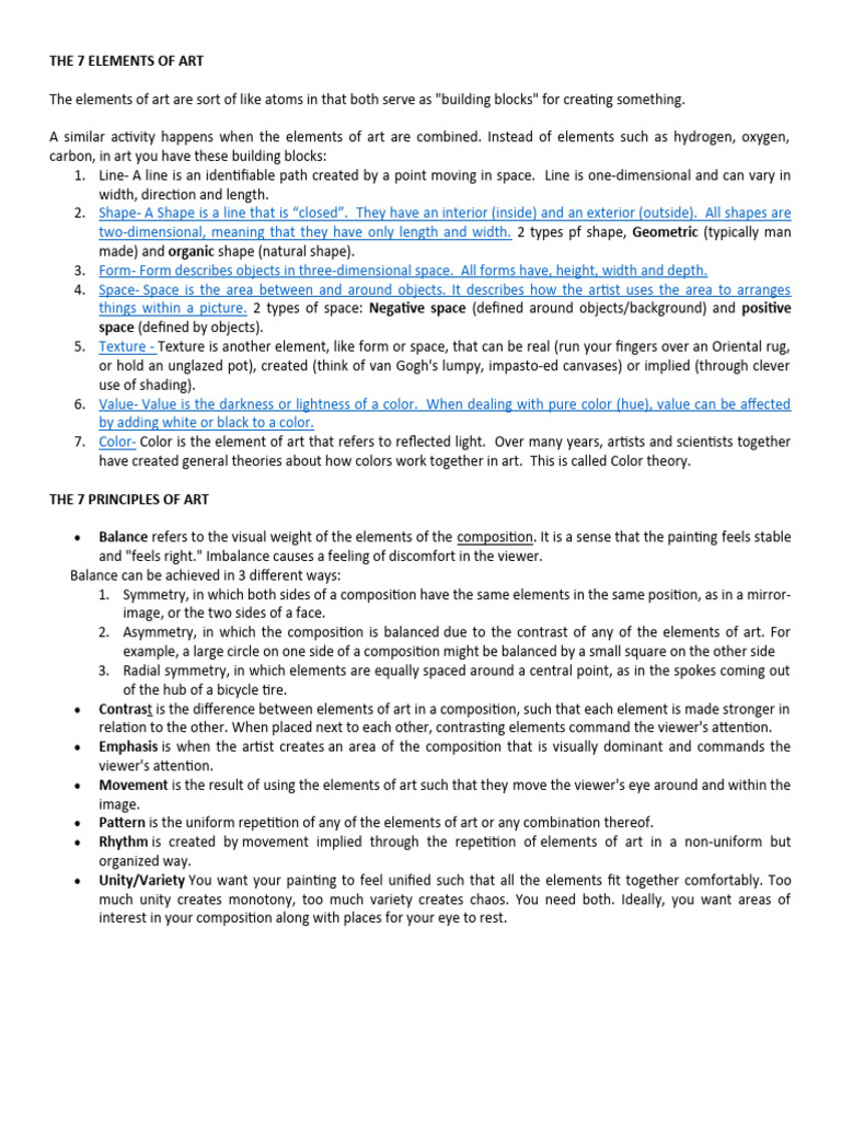 THE 7 ELEMENTS OF ART Handouts | PDF | Composition (Visual Arts) | Shape