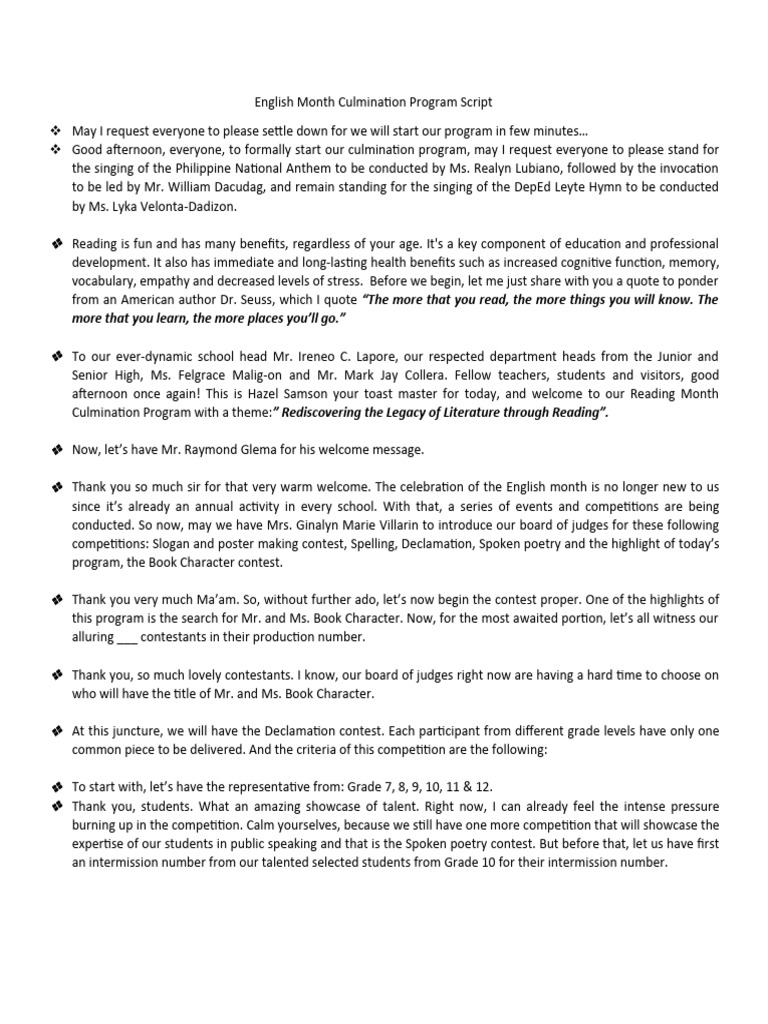 English Month Culmination Program Script | PDF