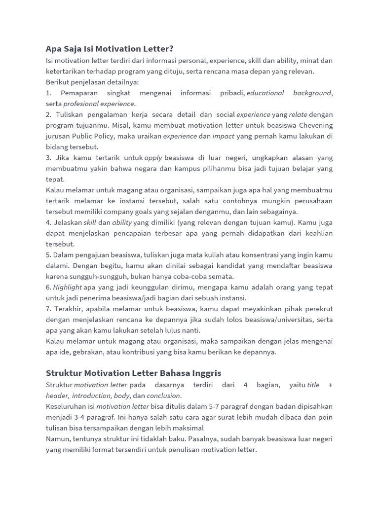 Struktur dan Isi Motivation Letter | PDF