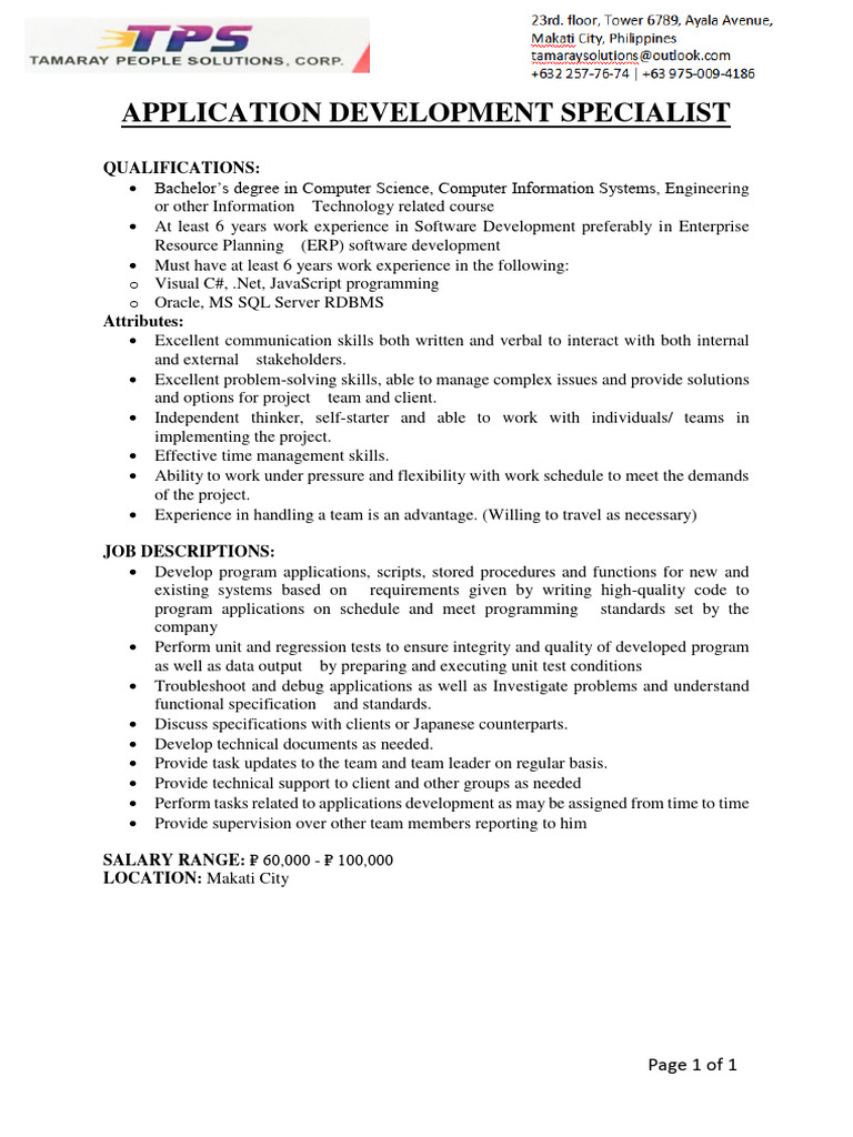 TPS JD Application Development Specialist | PDF