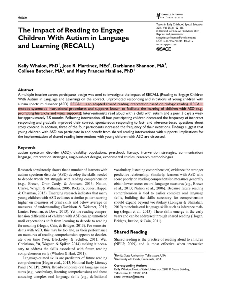 The Impact of Reading To Engage Children With Autism in Language and ...