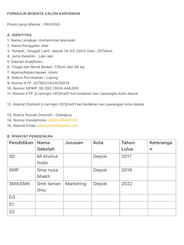 Formulir Biodata Calon Karyawan | PDF