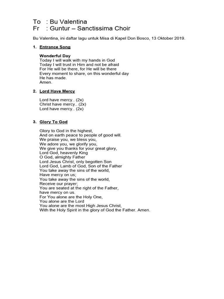 Misa Kapel Don Bosco: Daftar Lagu | PDF | Lord's Prayer | Glory (Religion)