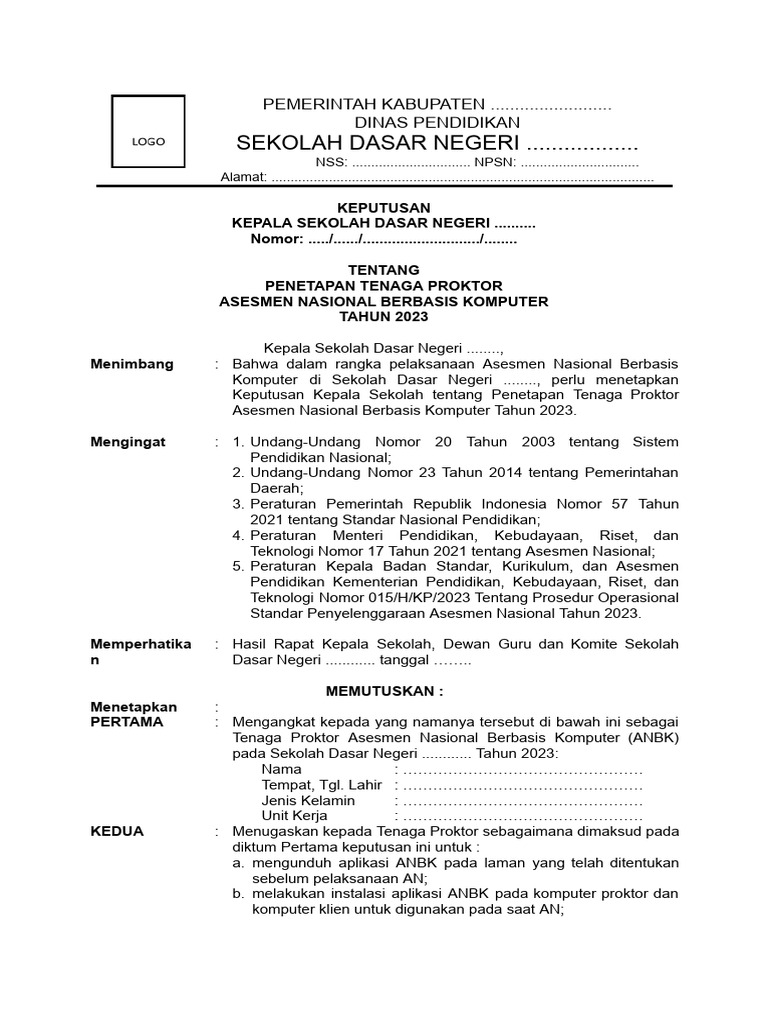 Contoh SK Proktor Teknisi Pengawas ANBK SD | PDF