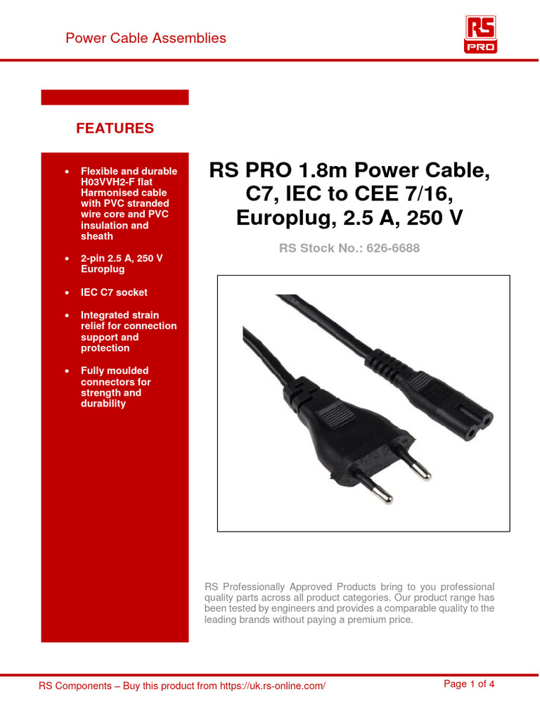 RS PRO 1.8m Power Cable, C7, IEC To CEE 7/16, Europlug, 2.5 A, 250 V | PDF | Electrical ...