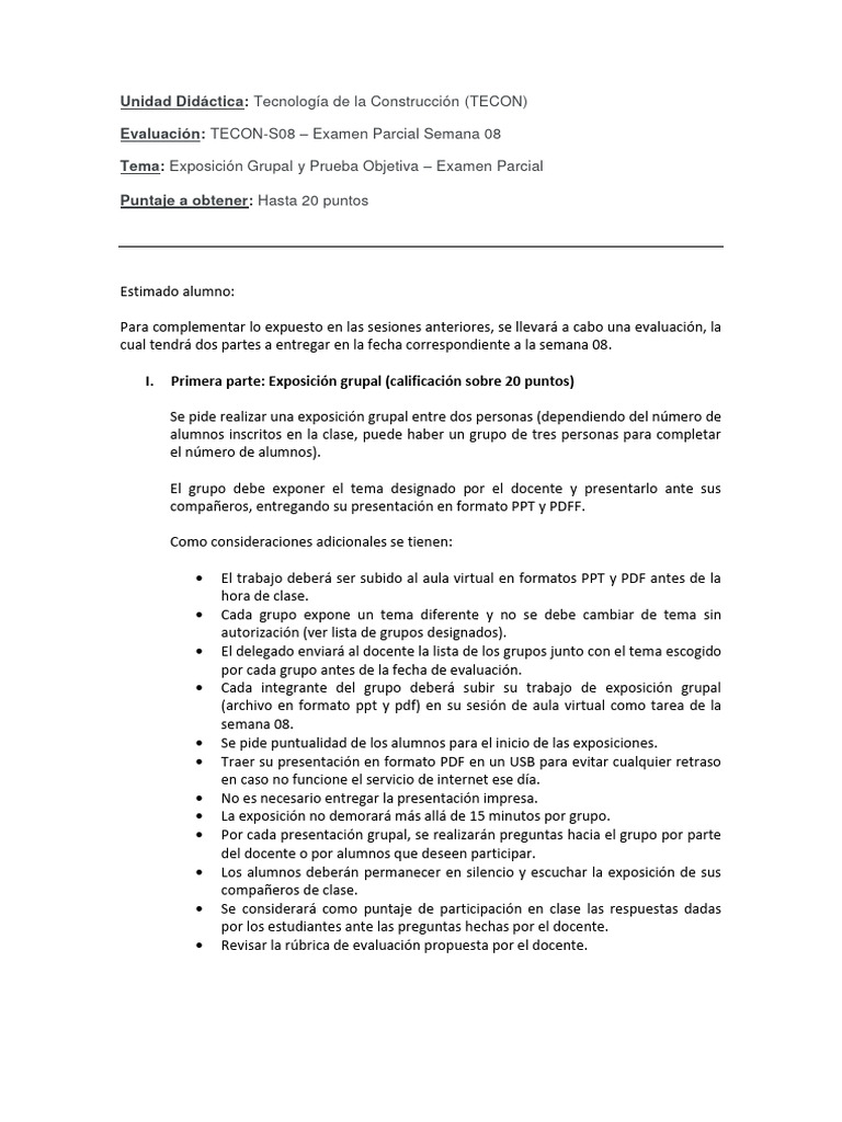 Evaluación TECON-S08 - Examen Parcial Semana 08 | PDF | Evaluación