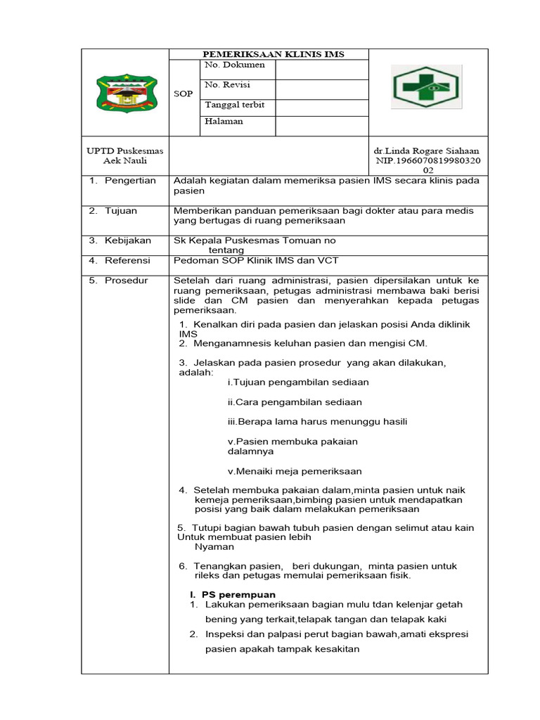 Sop Pemeriksaan Klinis Ims | PDF