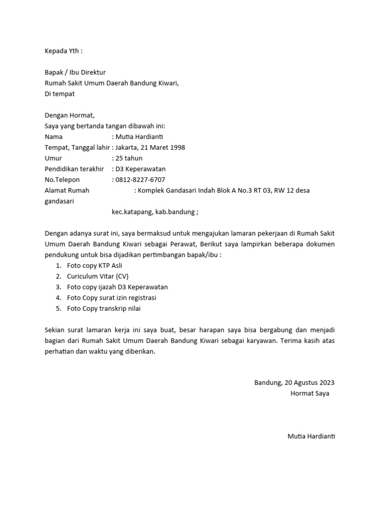 Surat Lamaran Kerja - Mutia | PDF