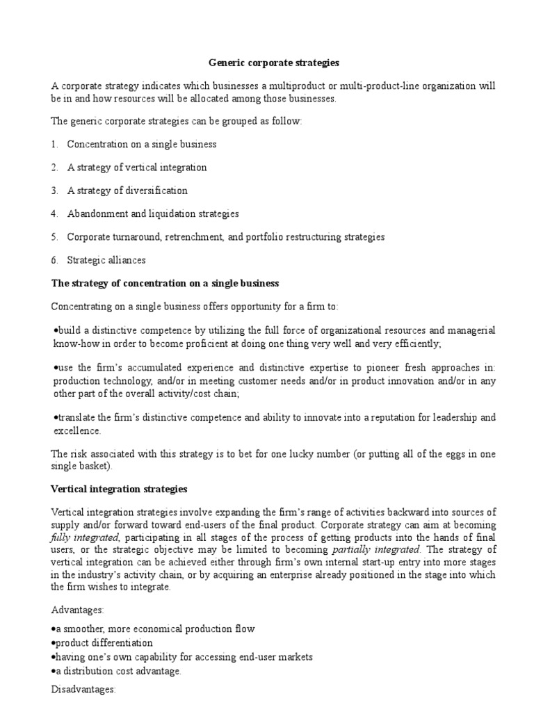 Generic Corporate Strategies - 2006 | PDF | Diversification (Finance ...