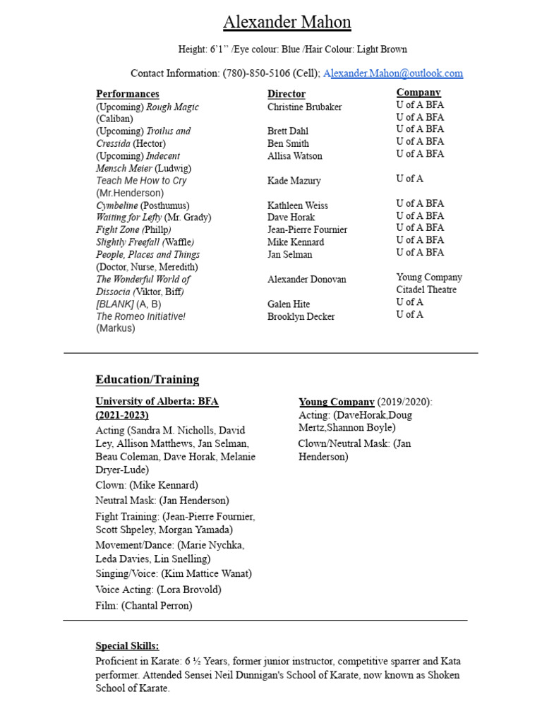 Alexander Mahon Acting Resume | PDF