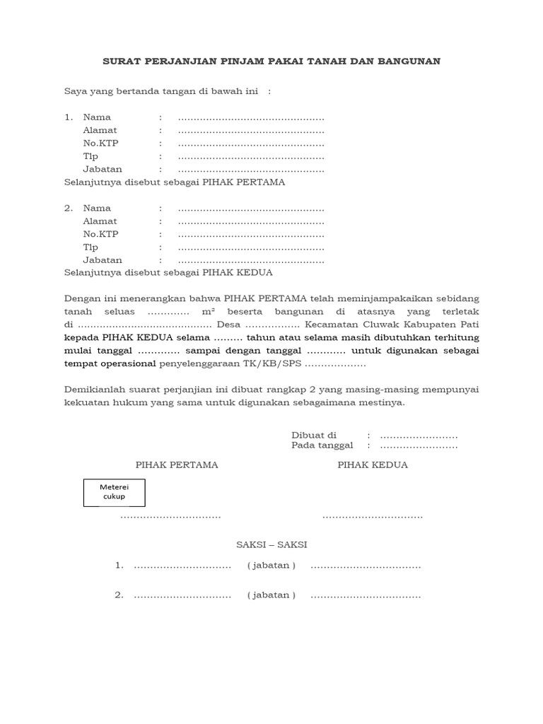 Surat Perjanjian Pinjam Pakai Tanah | PDF