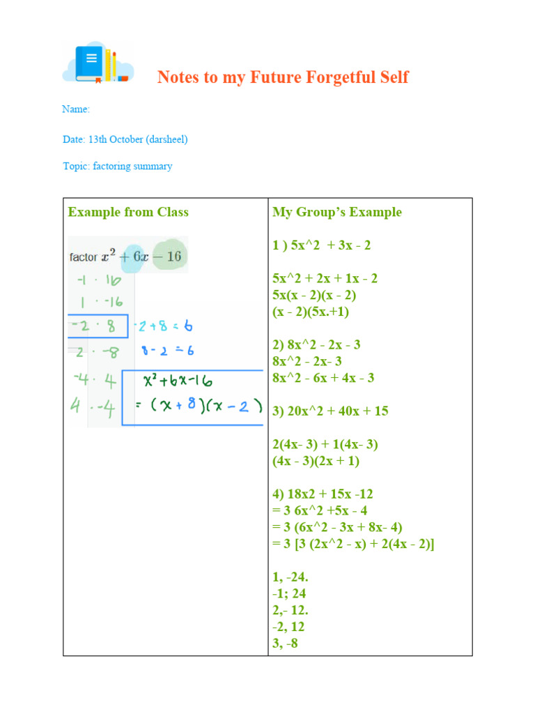 Final Copy of MCF3M 1.4 Math Journal - Factoring Summary | PDF ...