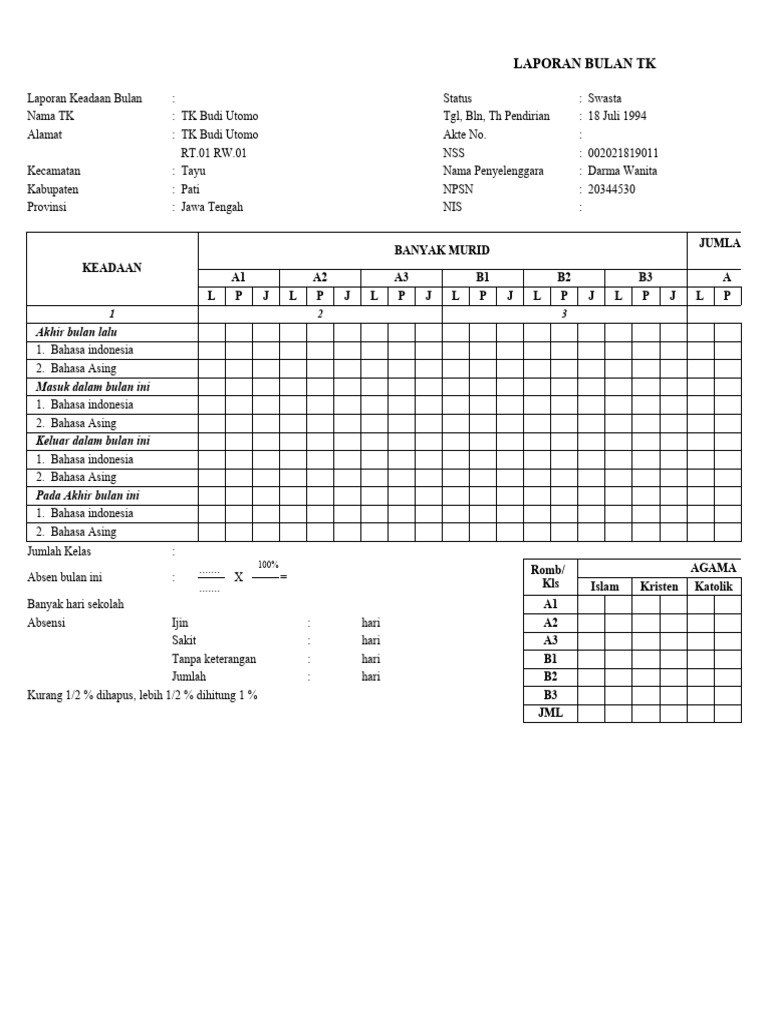 Laporan Bulan TK | PDF