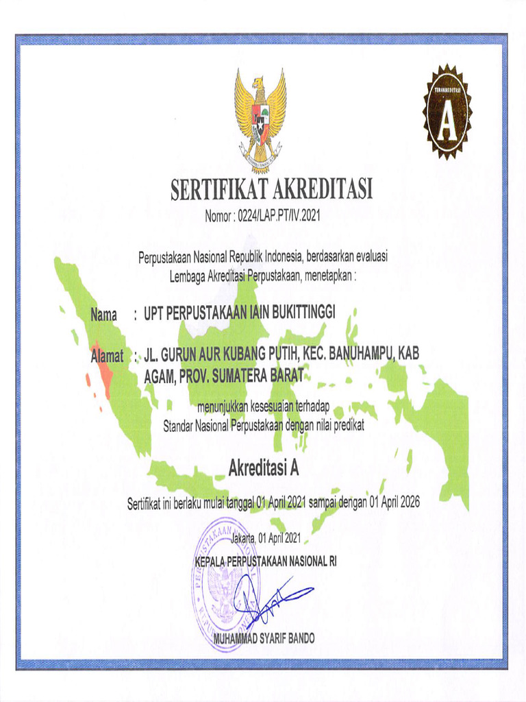 Sertifikat Akreditasi PERPUSTAKAAN IAIN BKT | PDF