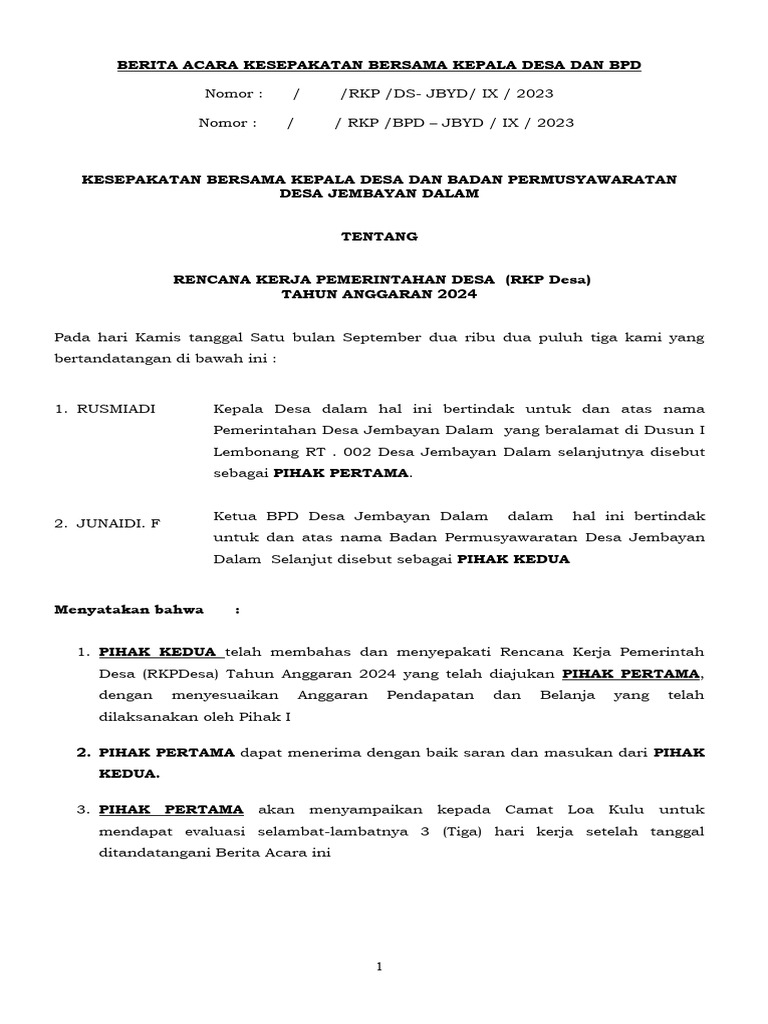Berita Acara Kesepakatan Bersama Kepala Desa Dan BPD Rkpdes | PDF