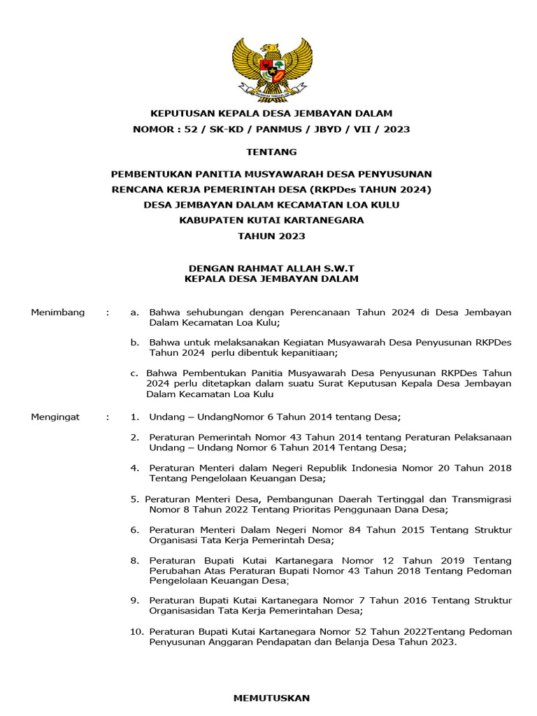 SK PANITIA MUSDES RKPDes 2024 | PDF