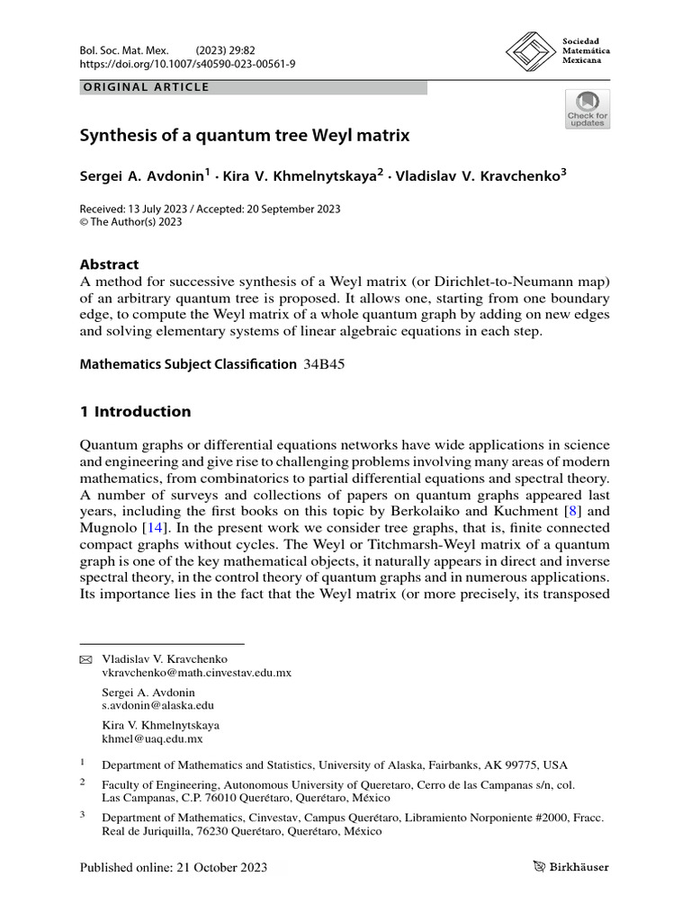 Synthesis of A Quantum Tree Weyl Matrix | PDF | Matrix (Mathematics) | Graph Theory