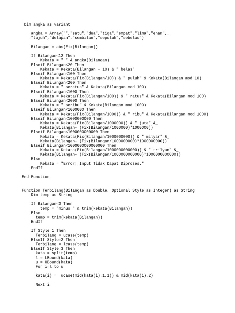 Rumus Angka Terbilang dalam VBA | PDF