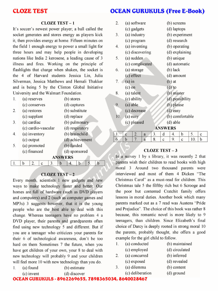 Cloze Test Extra Practice Sheet With Answers PDF | PDF