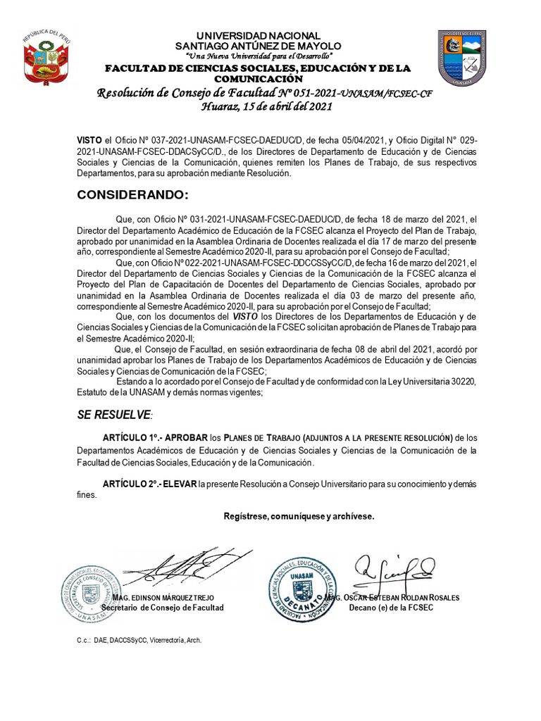 Res FCSEC 051-2021 PLANES DE TRABAJO JUEVES 08 ABRIL 2021 | PDF ...