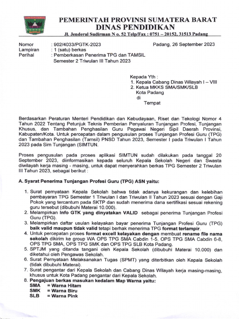 Edaran Pemberkasan TPG Dan TAMSIL TW 3 TH 2023 | PDF