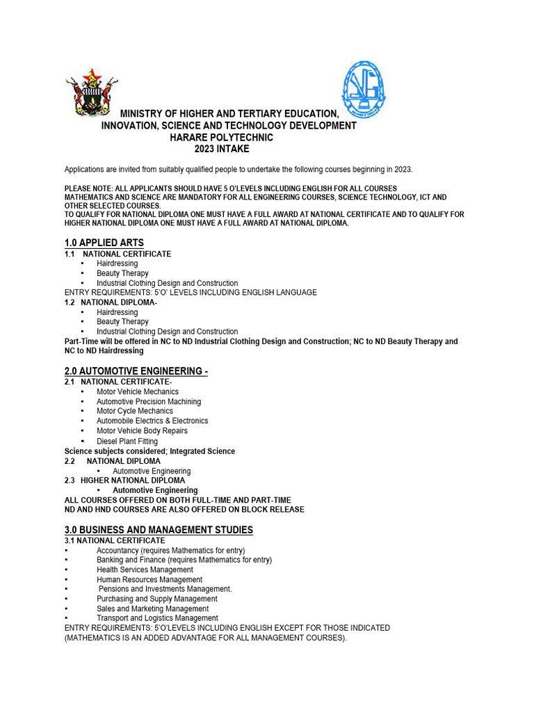 Harare Polytechnic 2023 Advert | PDF