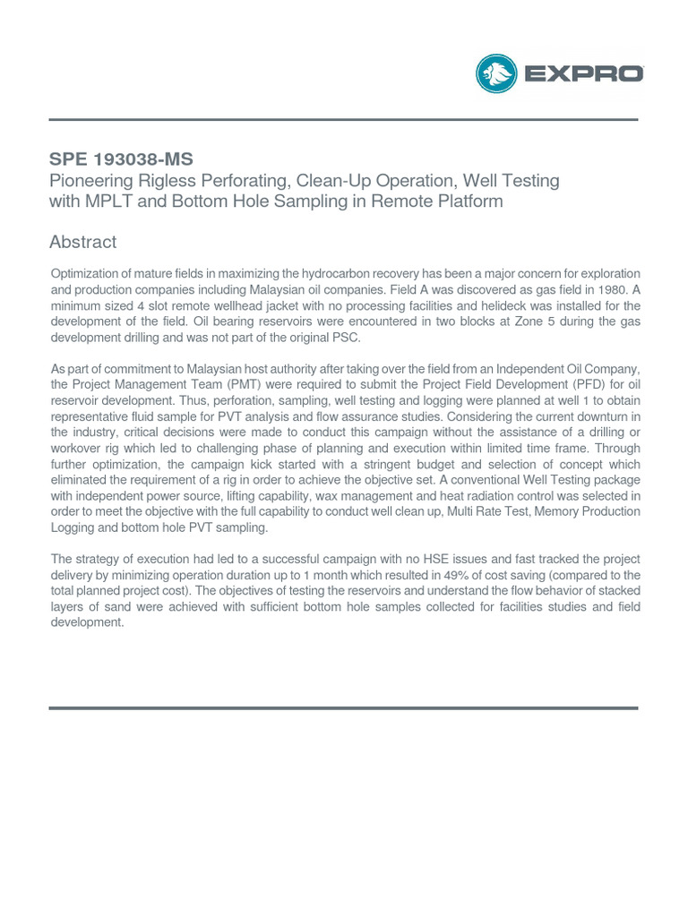 SPE 193038-MS Pioneering Rigless Perforating Clean-Up Operation Well ...