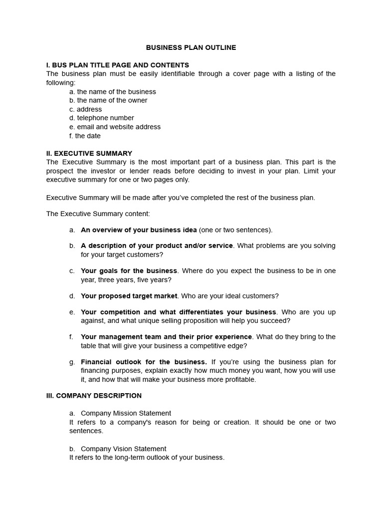 Business Plan Outline - Mba | PDF