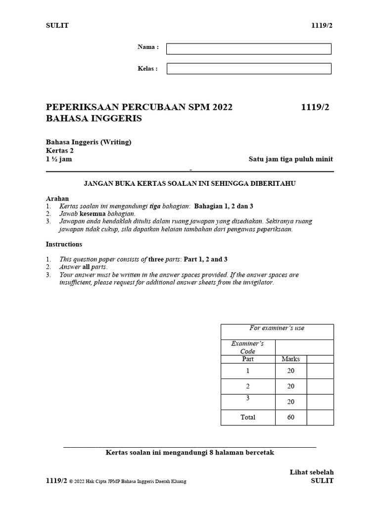 P2 - Writing - JPMP Kluang Trial 2022 | PDF