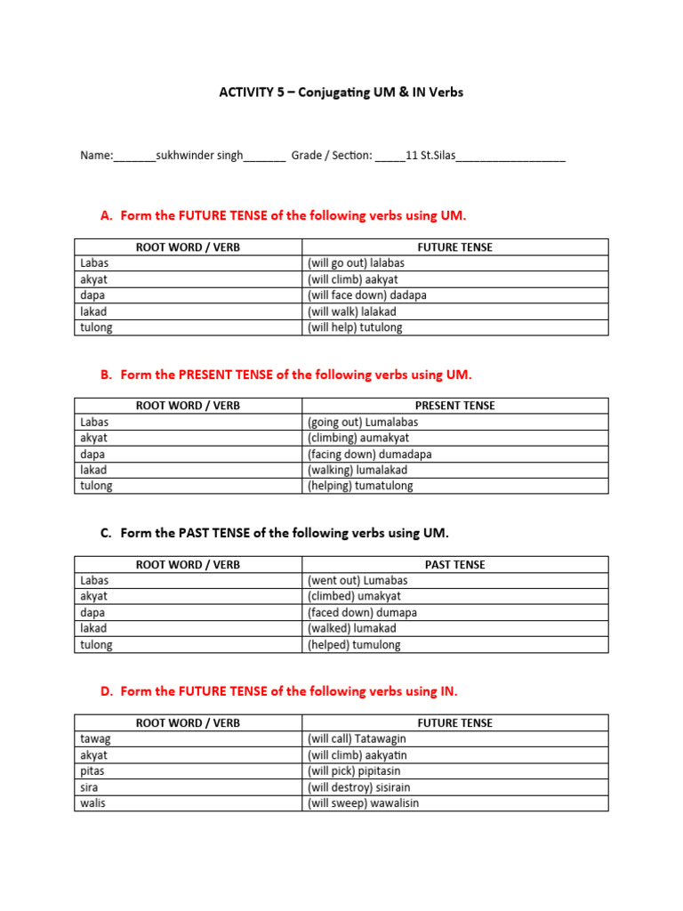 Activity 5 - Um & in Verbs | PDF | Grammatical Tense | Verb