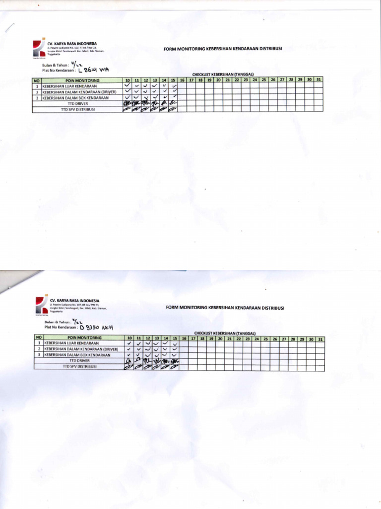 Form Kebersihan Armada Jogja | PDF